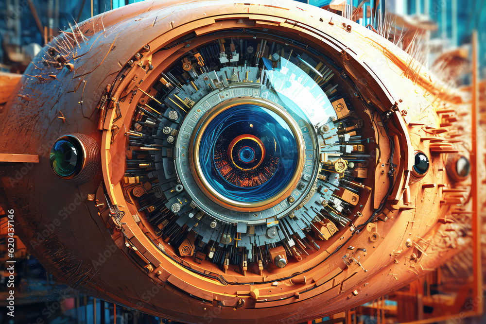 Robot or human eyeball close-up with blue pupil scanning an eye (ai ...