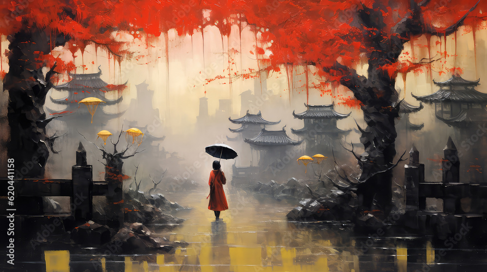 ภาพประกอบสต็อก Chinese girl in a rainy weather. Original oil painting ...