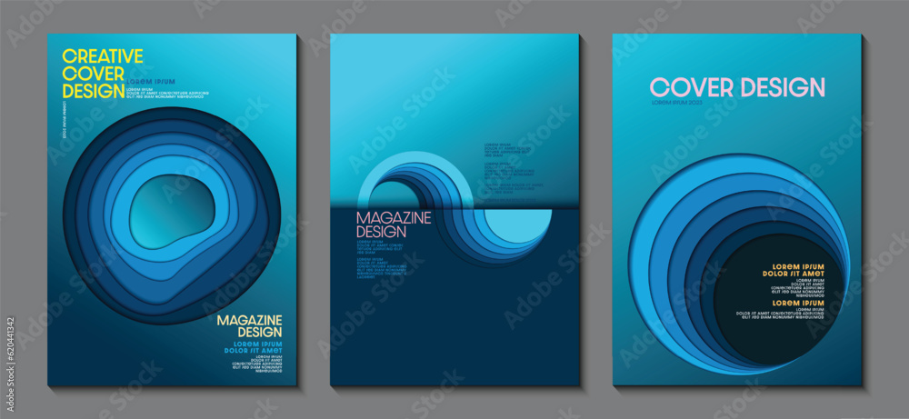 Cover design template with paper waves. Blue tone. Ideas for magazine ...