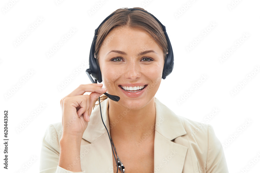 Callcenter, portrait and woman with smile, CRM and communication with telecom on transparent png ...