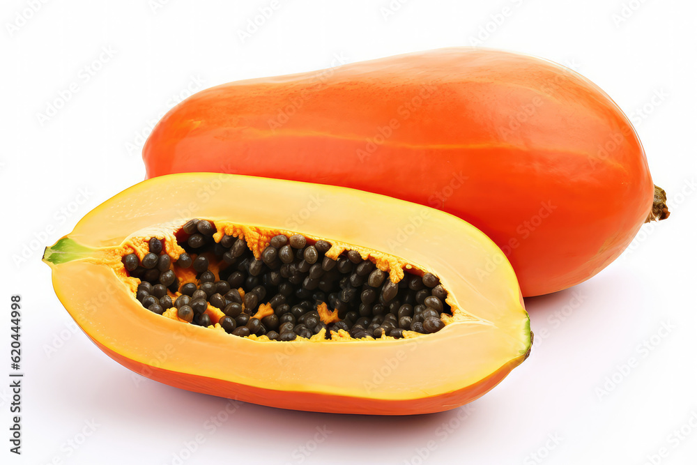 Ripe papaya with cut in half isolated on white background. (ai ...