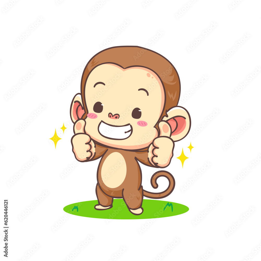 Cute monkey showing thumbs up cartoon character. Adorable animal mascot ...