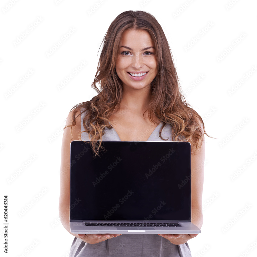Laptop screen, portrait and business woman on mockup presentation ...
