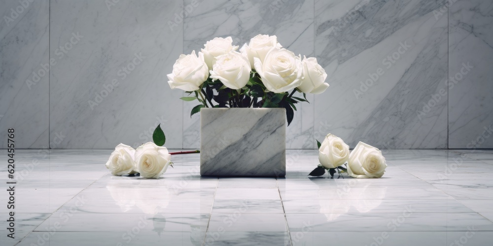 A white marble platform with white roses lining the perimeter of the ...