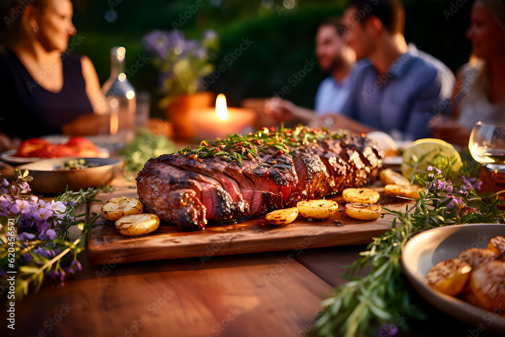 Gente feliz cenando carne a la brasa en una hermosa mesa en el jardín ...