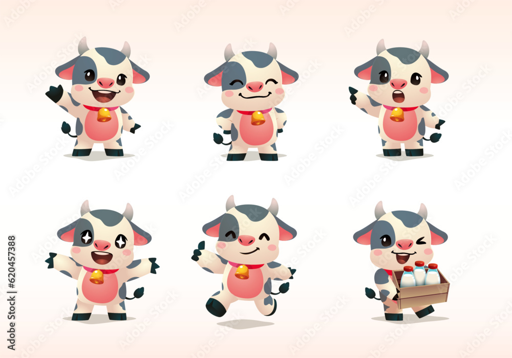 cute chibi cartoon cow ox character mascot stock vector collection set ...