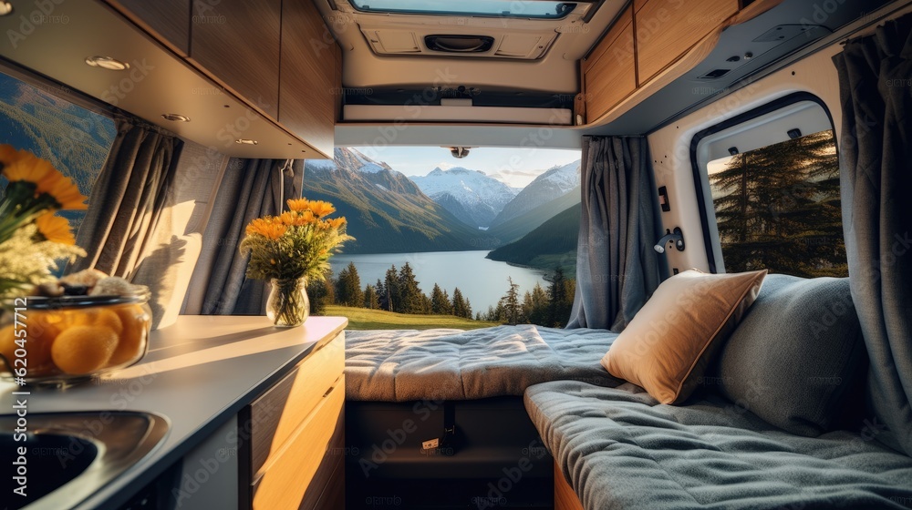 Interior of camper van with beautiful camper van view. Stock Photo ...