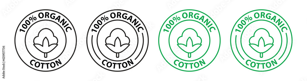 100% cotton icon set. 100% organic cotton fabric vector label logo ...