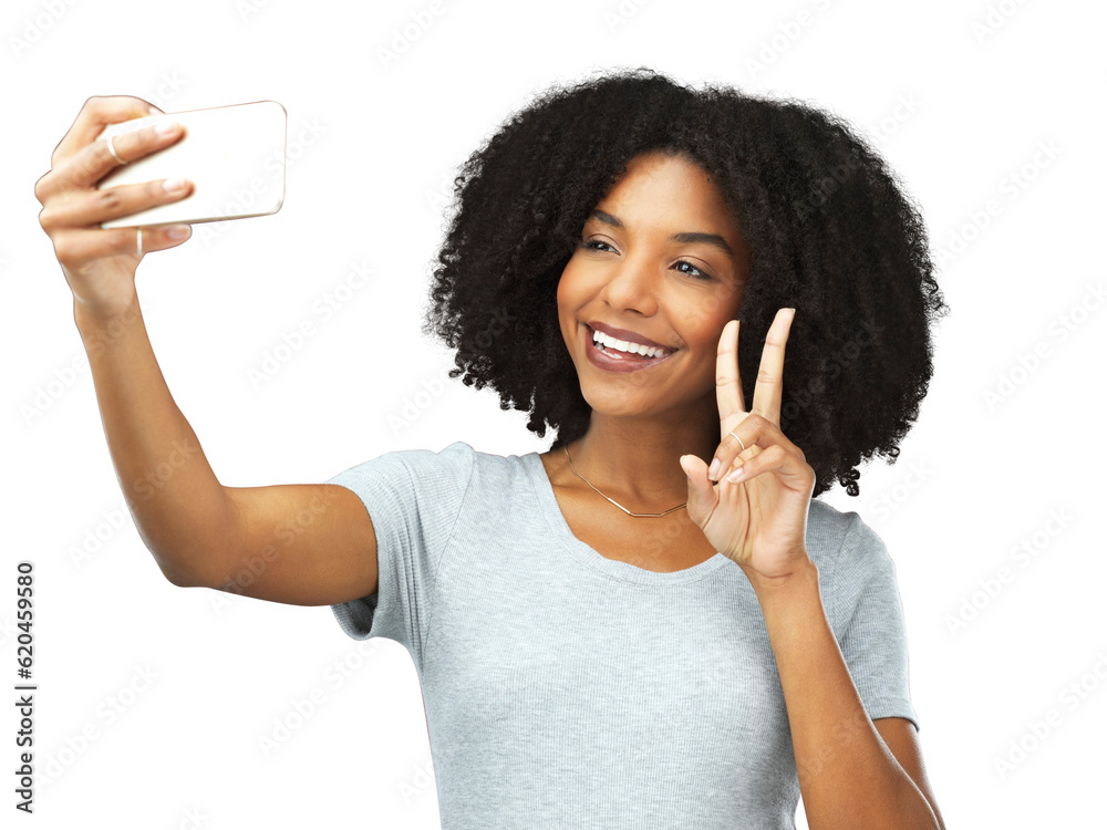 Black woman, peace hand gesture and selfie with social media influencer ...