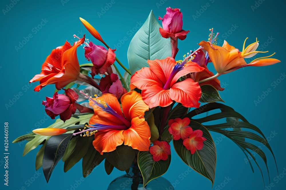 tropical flower bouquet featuring bright hibiscus, bird of paradise ...