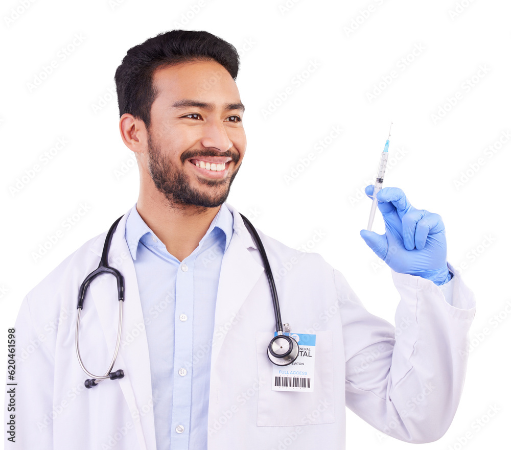 Healthcare, happy and doctor with vaccine, syringe and needle on ...