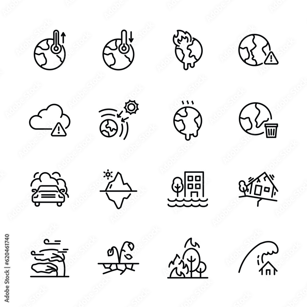 Set of climate change icons, Global warming effect , earthquake, flooding, extreme temperature ...