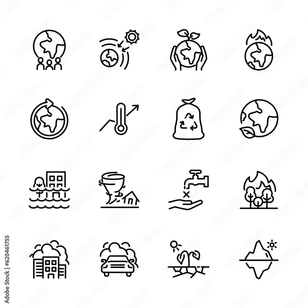 Set of climate change icons, Global warming effect , earthquake ...