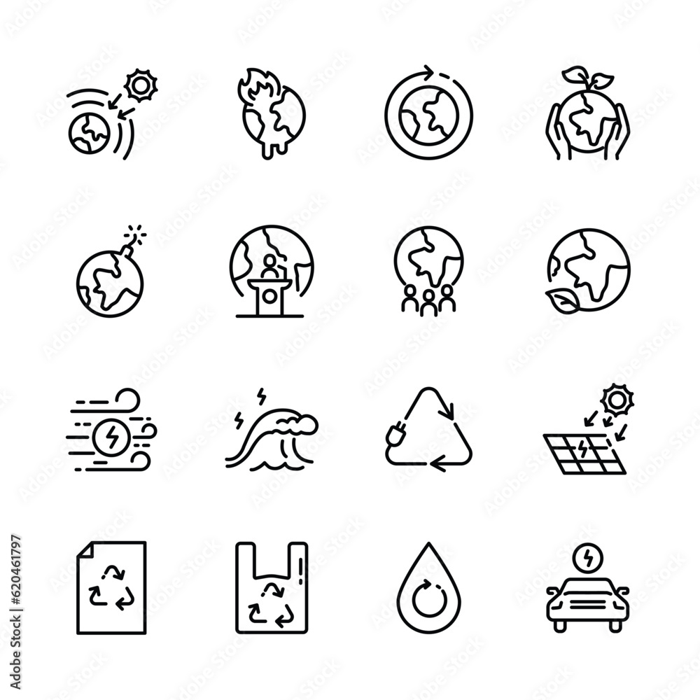 Set of climate change icons, Global warming effect , earthquake ...