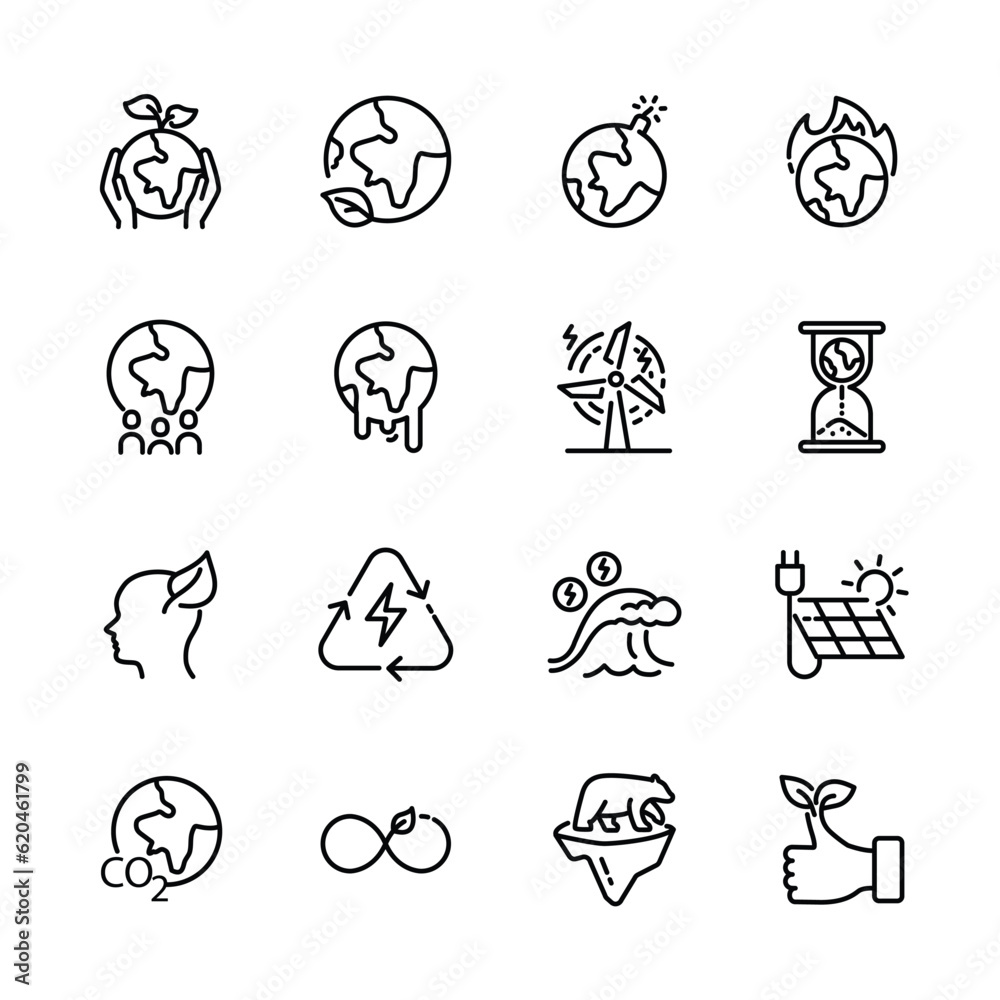 Set of climate change icons, Global warming effect , earthquake ...