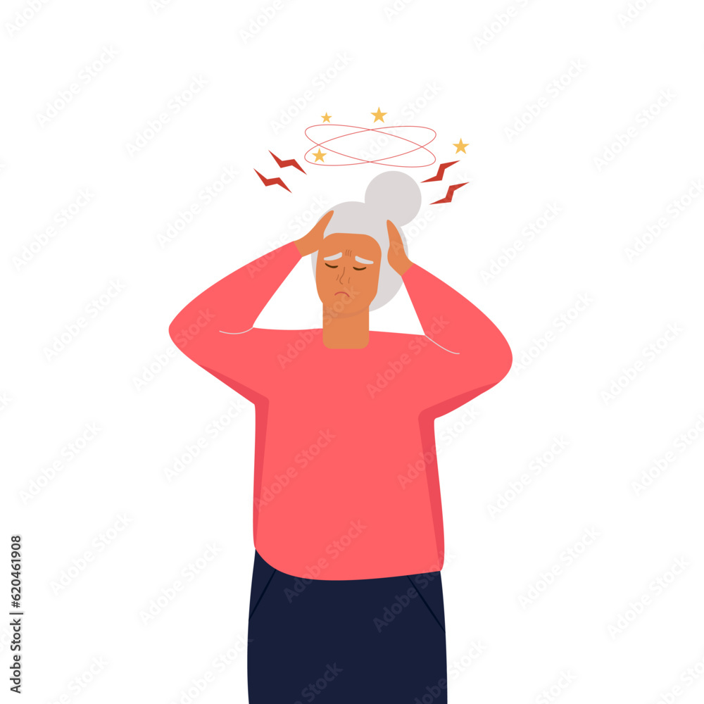 A flat vector illustration of an elderly woman who is dizzy. Dizziness ...