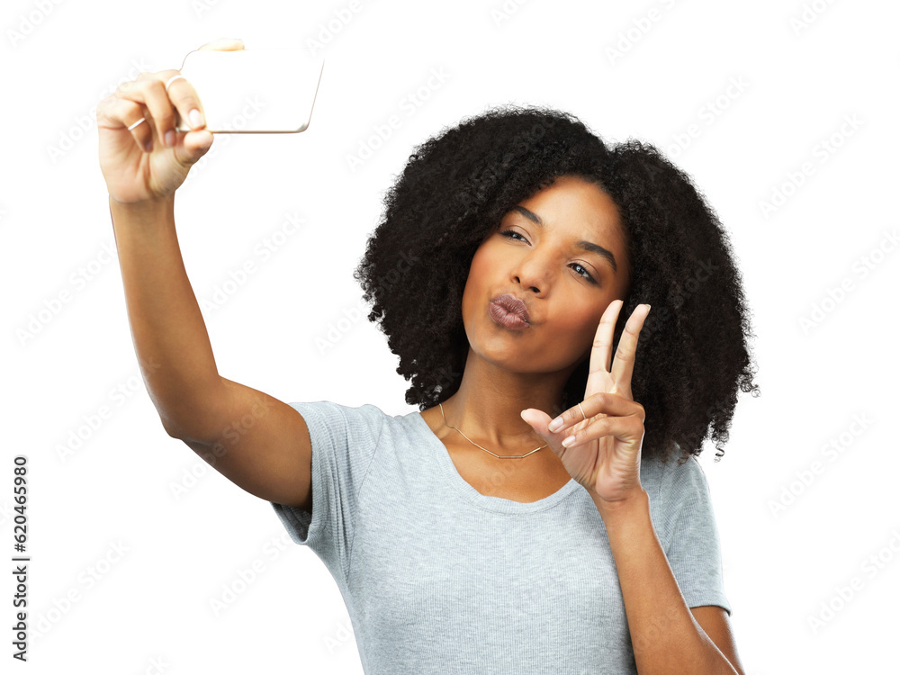Pouting, peace and a black woman with a selfie for social media, fun ...