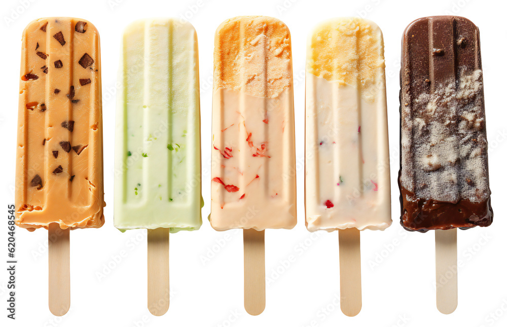 Lots of different ice creams. Ice lolly. Chocolate, pistachio, vanilla ...