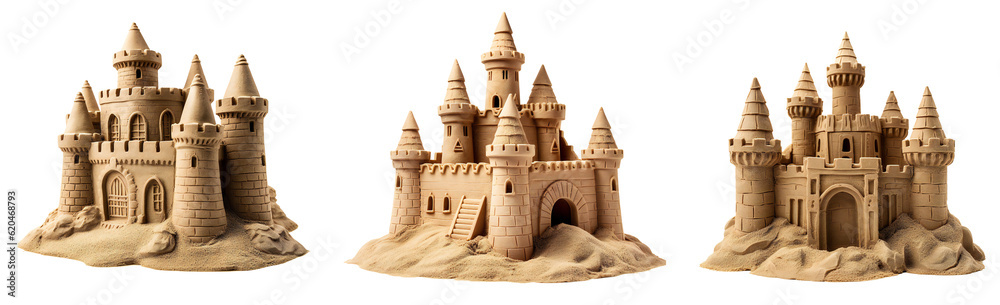 A set of three types of sand castles. Summer and beach design elements ...