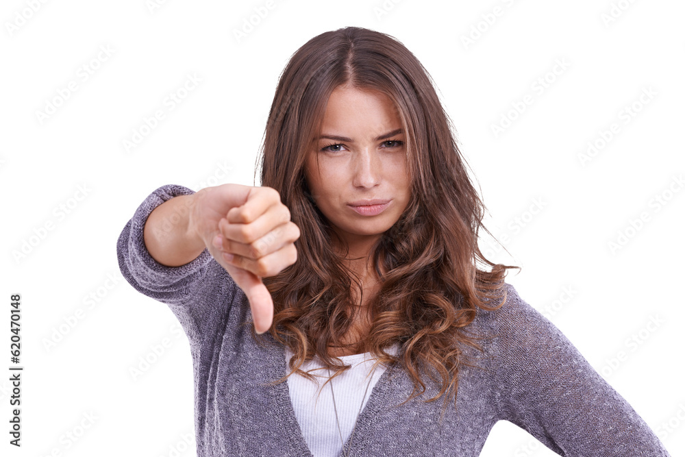 Foto de Woman, thumbs down and negative feedback in portrait, rejection ...