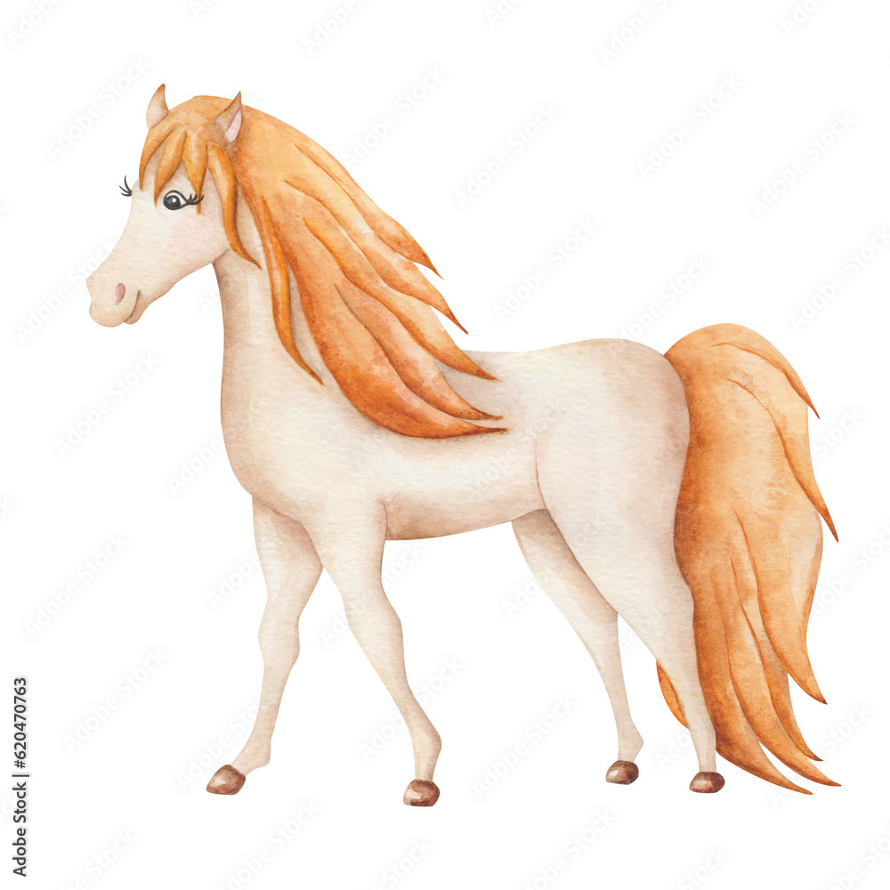 Watercolor illustration. Hand painted brown and beige horse. Mare with ...