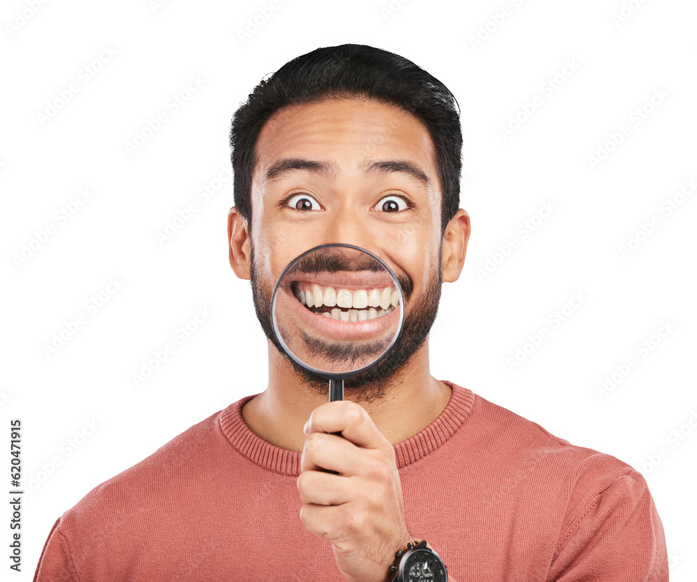 Magnifying glass, happy portrait and mouth of man for investigation ...