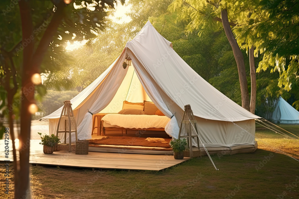 Glamping houses in nature forest by lake. Open traditional canvas bell ...
