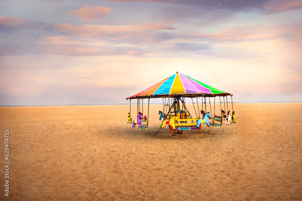 Carousel Merry go round horse at famous marina beach in Chennai, Asia s ...