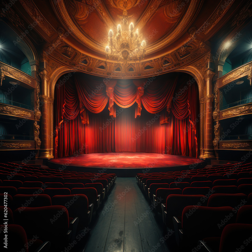 Theatre, hall and stage with red curtain. AI generative. Stock ...