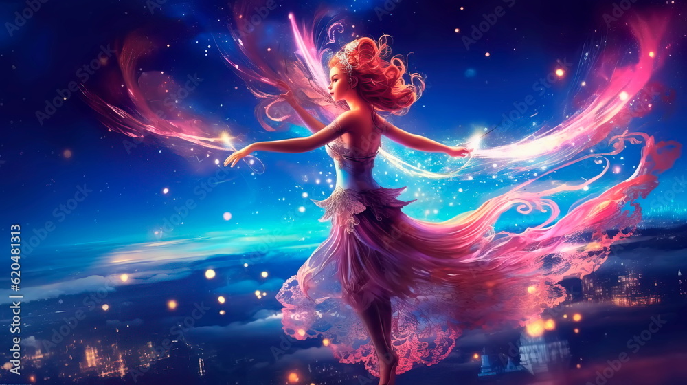 space fairy with flapping wings and a magic wand scattering stardust ...