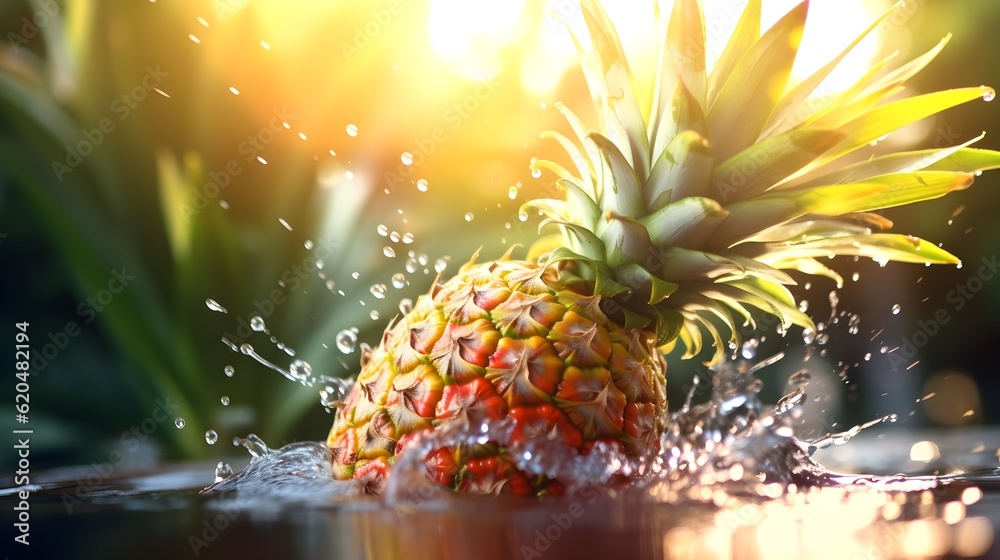Fresh tasty pineapple fruit close up lying in water, juice splashing ...