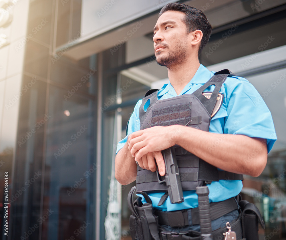 Security guard, safety officer and bodyguard man with a gun outdoor to ...
