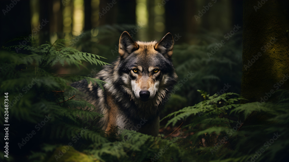 loup dans une forêt de type Française pour montrer sa réintroduction ...