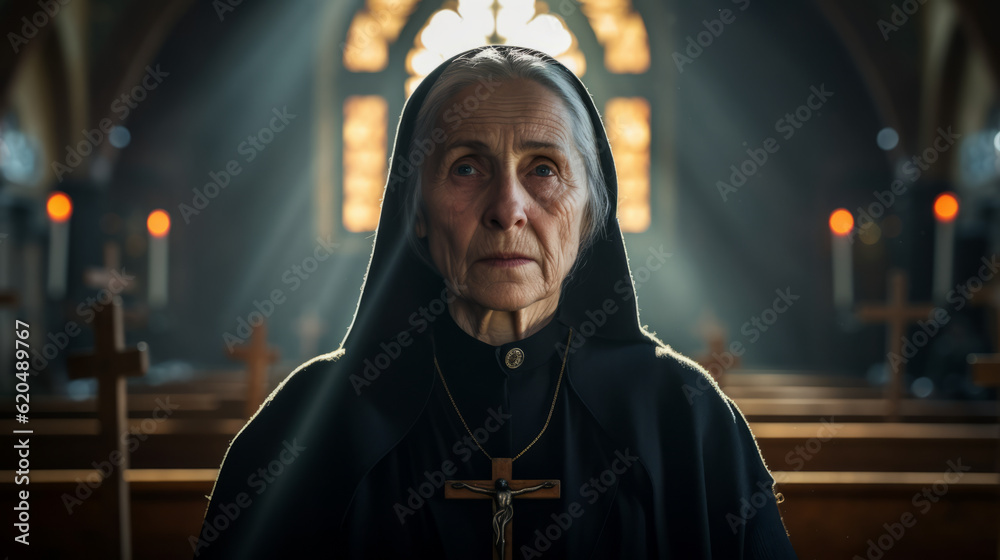 Portrait of a Christian Nun praying in a big church Stock Illustration ...