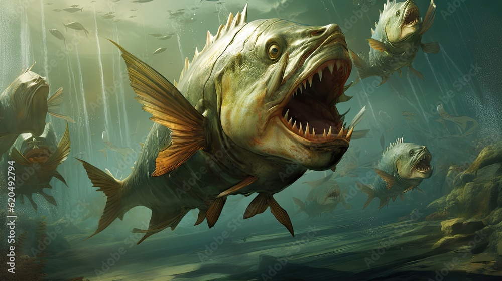 Piranhas have a robust, narrow body, a blunt head, and strong jaws with ...