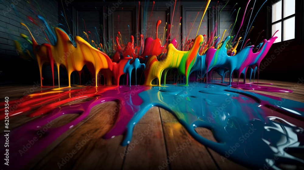 liquid color splash with vibrant colors gliding on the floor ...
