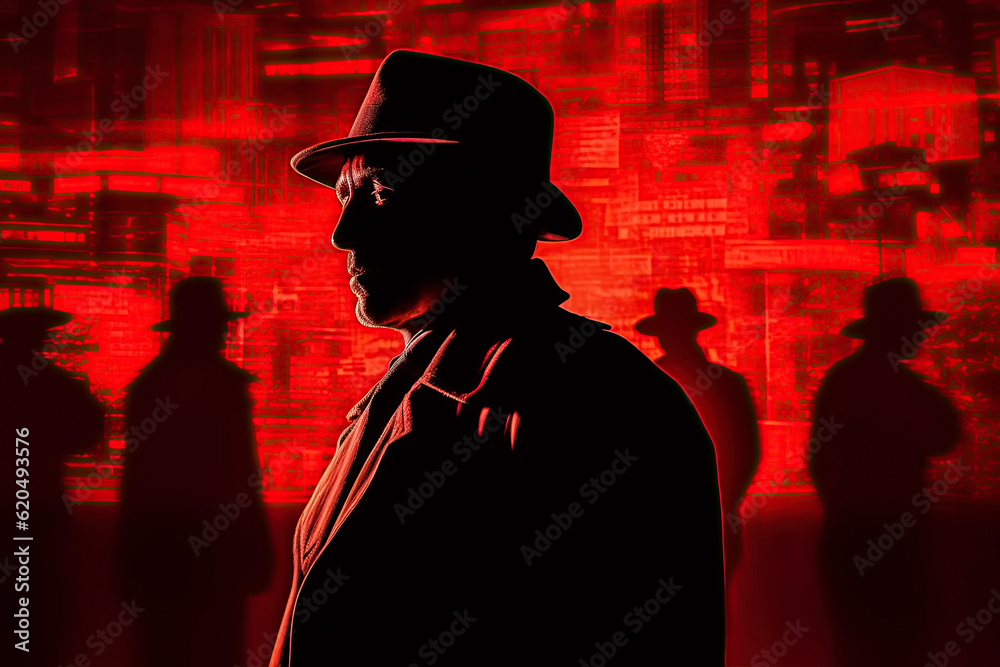 silhouette of male detective in a hat. Poster banner for thriller movie ...