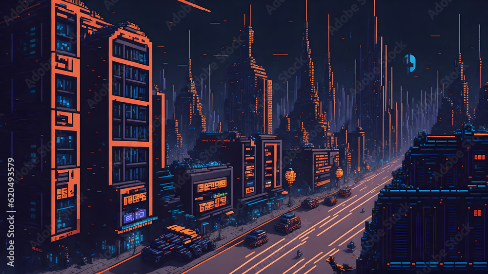 16-bit pixel art, cyberpunk cityscape, neon lights, and futuristic ...