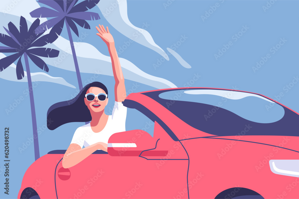 Road trip car holiday. Woman with arm up having fun. Driving ...