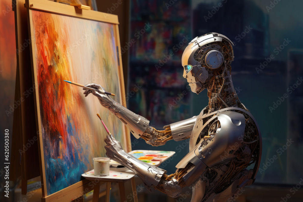 Metallic humanoid robot sitting in artist's studio, painting on canvas ... Metallic humanoid robot sitting in artist's studio, painting on canvas ...