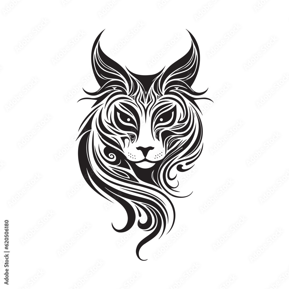 Cat face logo in tribal art tattoo style, silhouettes, line art Stock ...