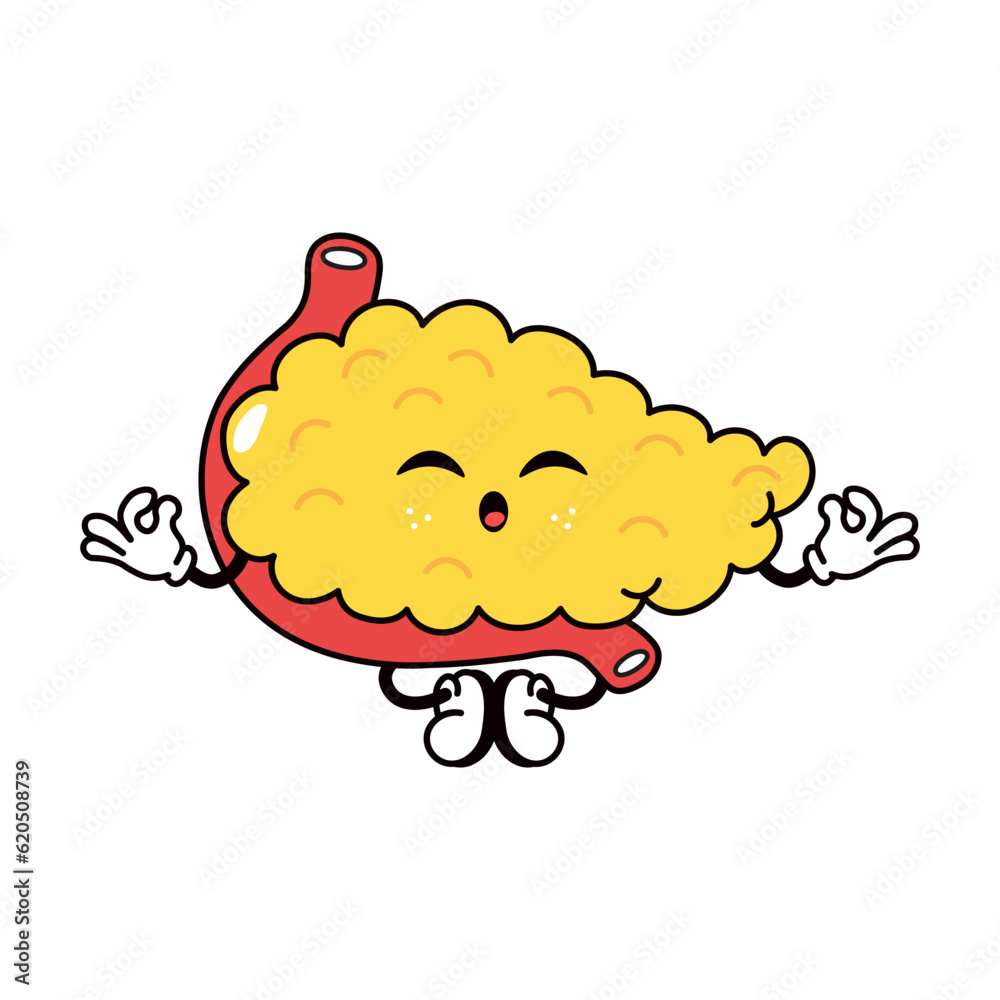 Pancreas doing yoga character. Vector hand drawn traditional cartoon ...
