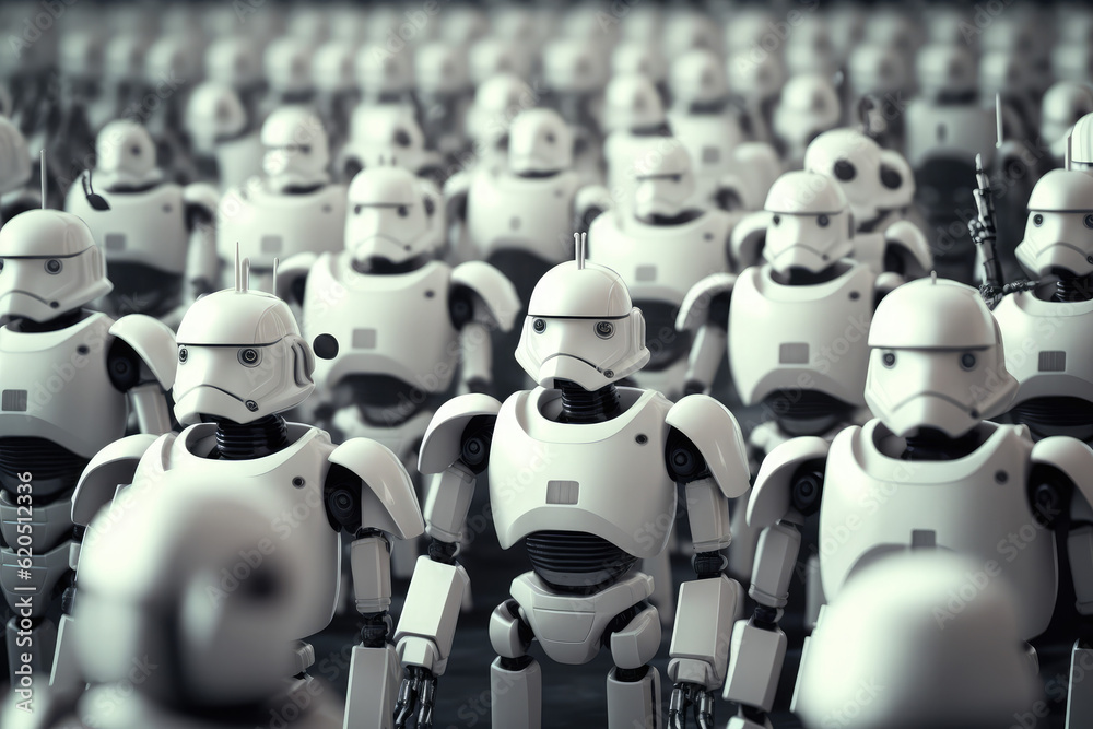 Crowd of white android robots, showcasing advanced AI, machine learning ...