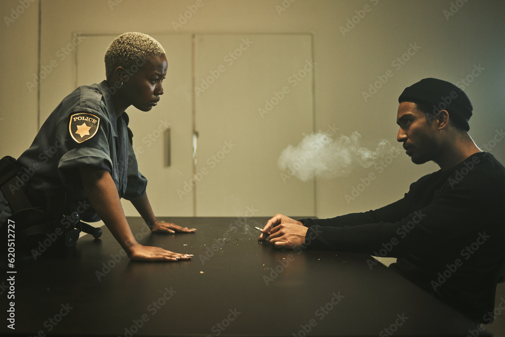 Man, smoking and detective talking in interrogation room with criminal ...