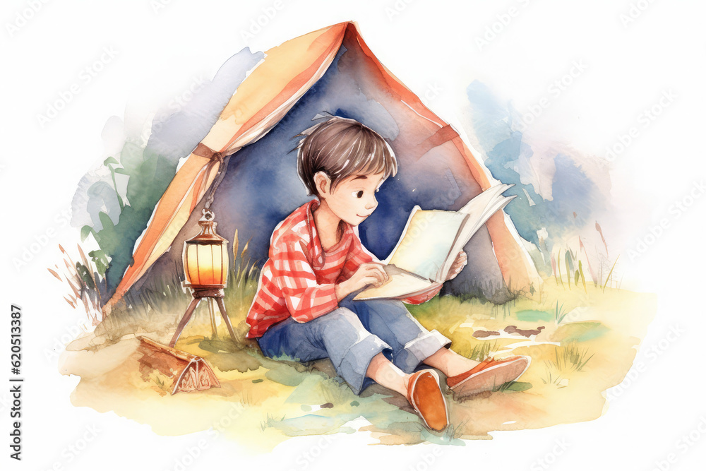 Watercolor drawing with kid reading children's book, evoking a sense of ...