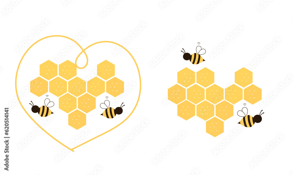 Beehive honey with hexagon grid cells, hand drawn heart line and bee ...