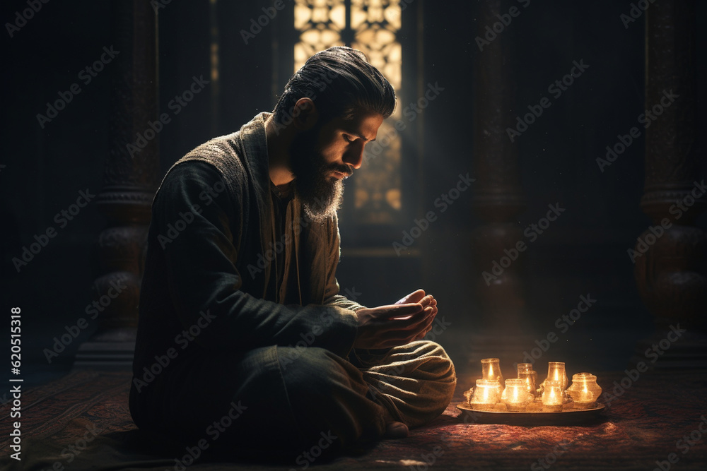 the moment of spiritual devotion of a Muslim guy during prayer ...