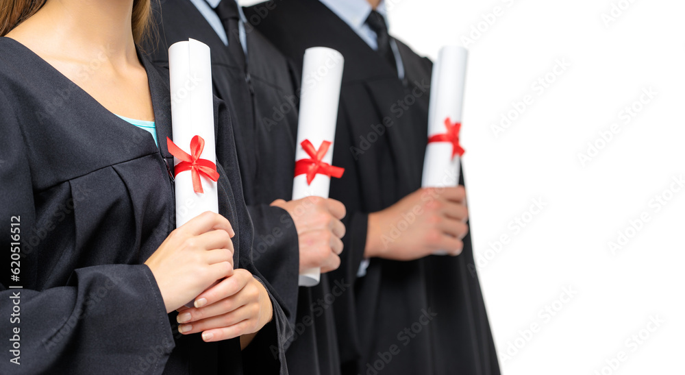 Youth and education. Happy graduates. Close up of students holding ...