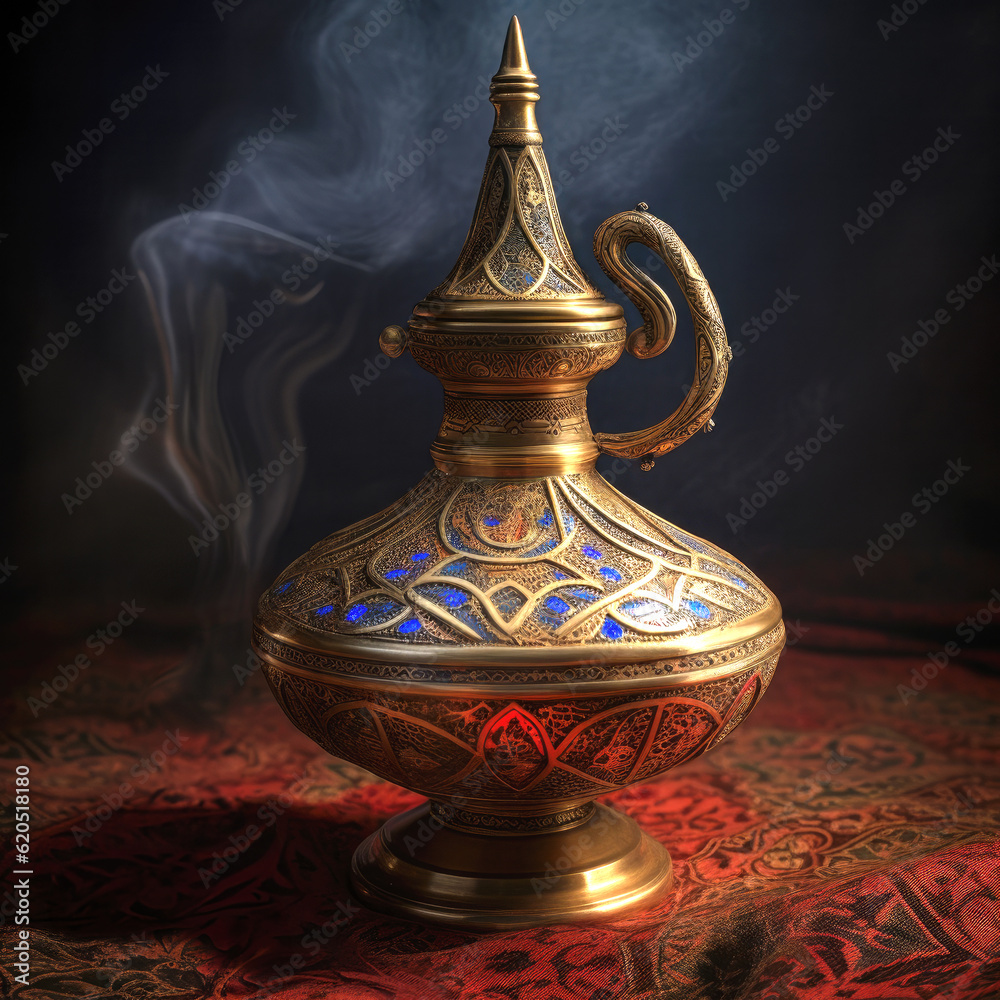 Gold Aladdin's magic lamp on Persian carpet. Fairytale object. AI ...