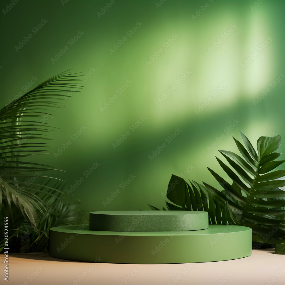 Wooden product display podium with green leave background, Minimalistic ...